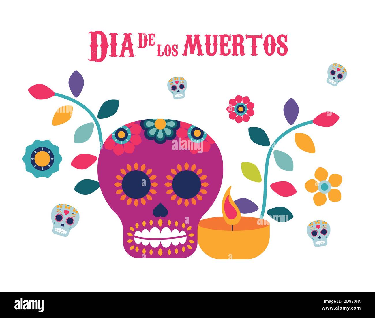 dia de los muertos poster with purple skull and candle in garden vector ...