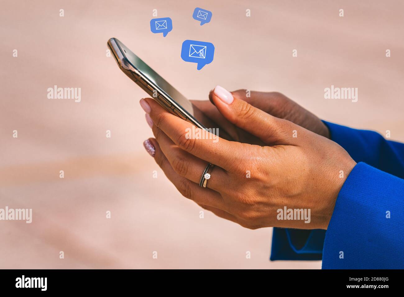 Woman hands with mobile phone. New messages on smartphone. E-mail ...