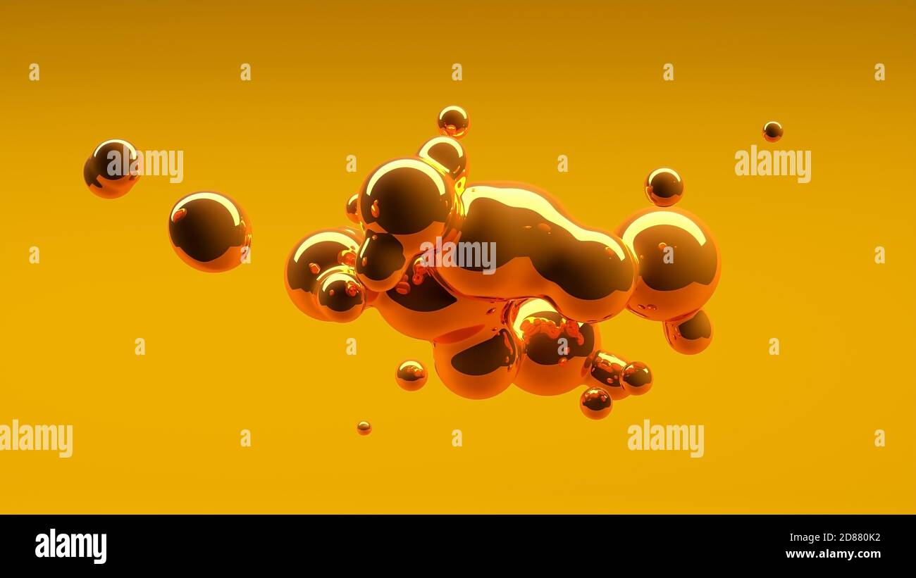Organic gold colored fluid metaball liquid drops floating in mid-air ...