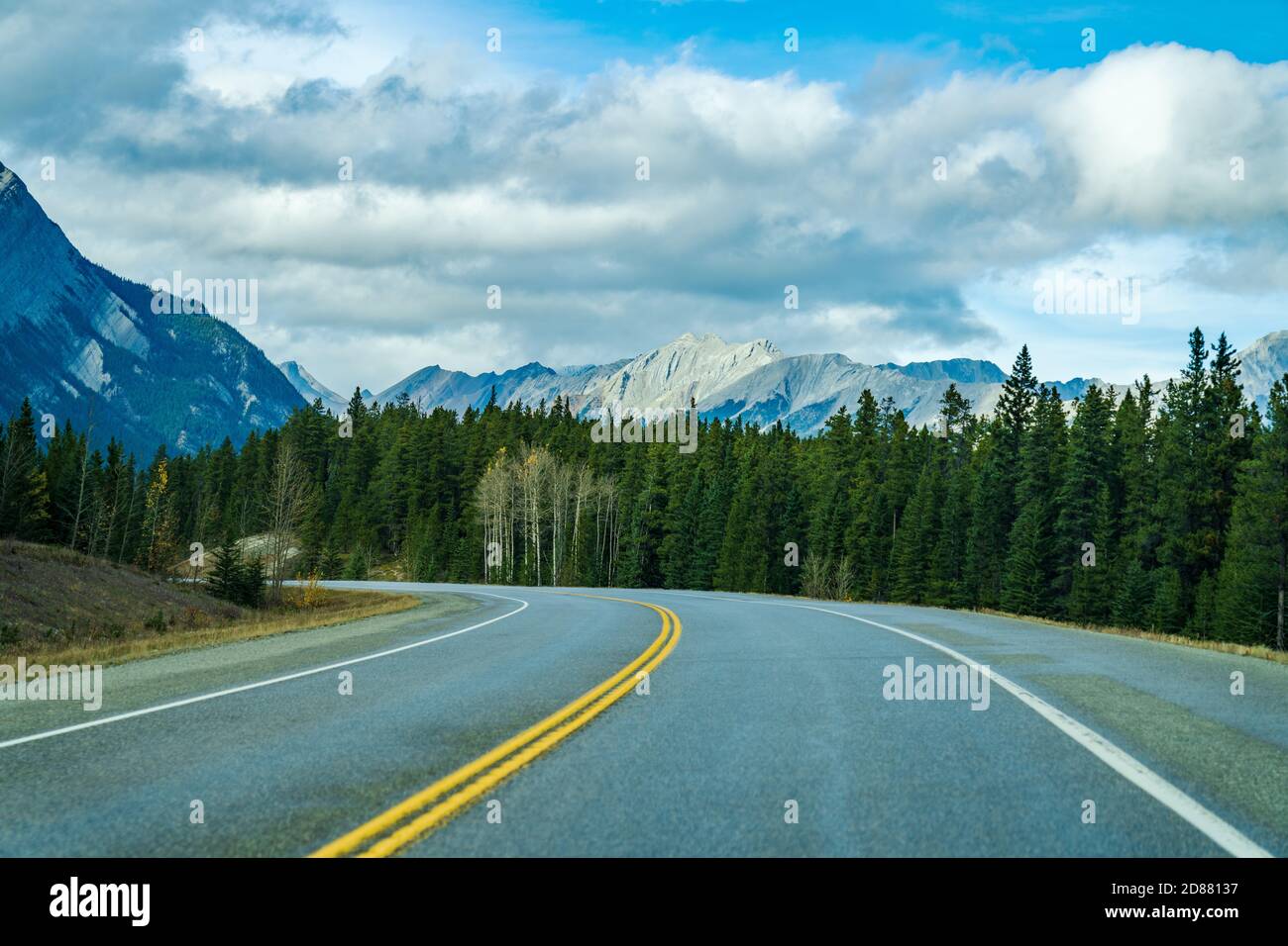 Rural road in the forest with mountains in the background. Alberta ...