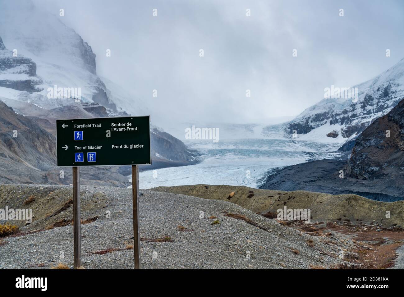 Road sign of the Athabasca Glacier Forefield Trail and Toe of Glacier ...