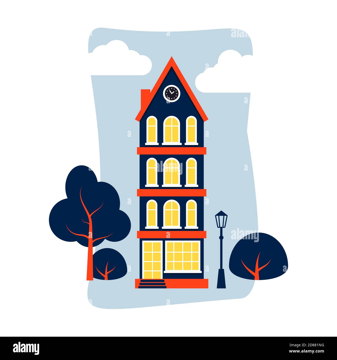 Cartoon colorful architecture Amsterdam. Tall house with trees, bush ...