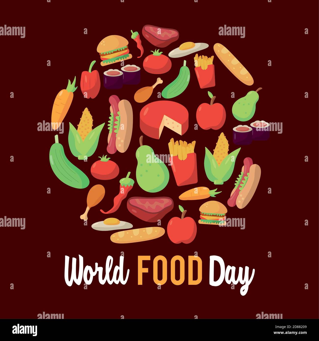world food day lettering poster with food circular frame vector ...