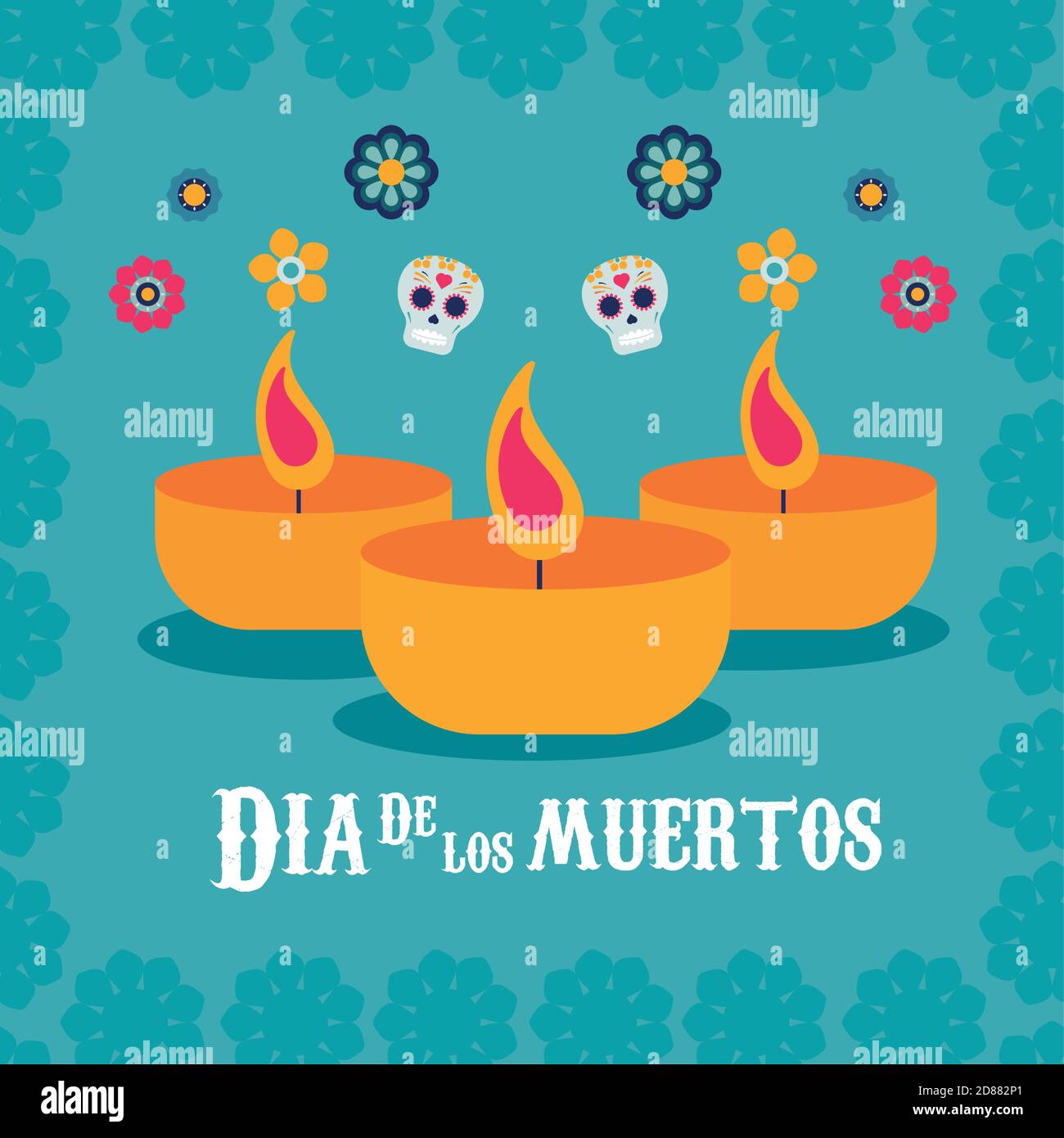 dia de los muertos poster with skulls and candles vector illustration ...