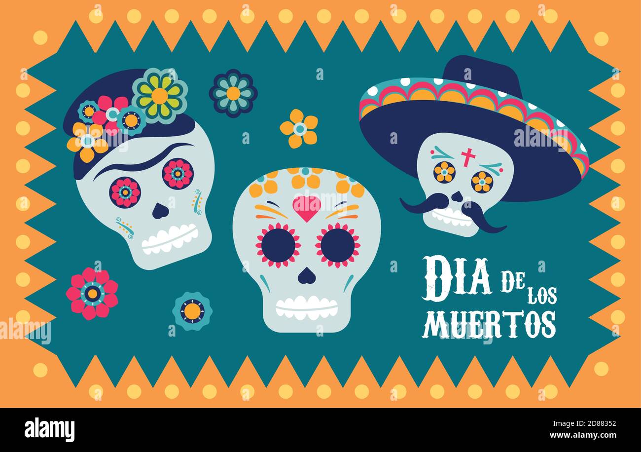dia de los muertos poster with skulls and flowers vector illustration ...