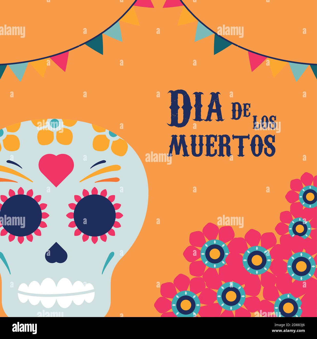 dia de los muertos poster with head skull and flowers vector ...