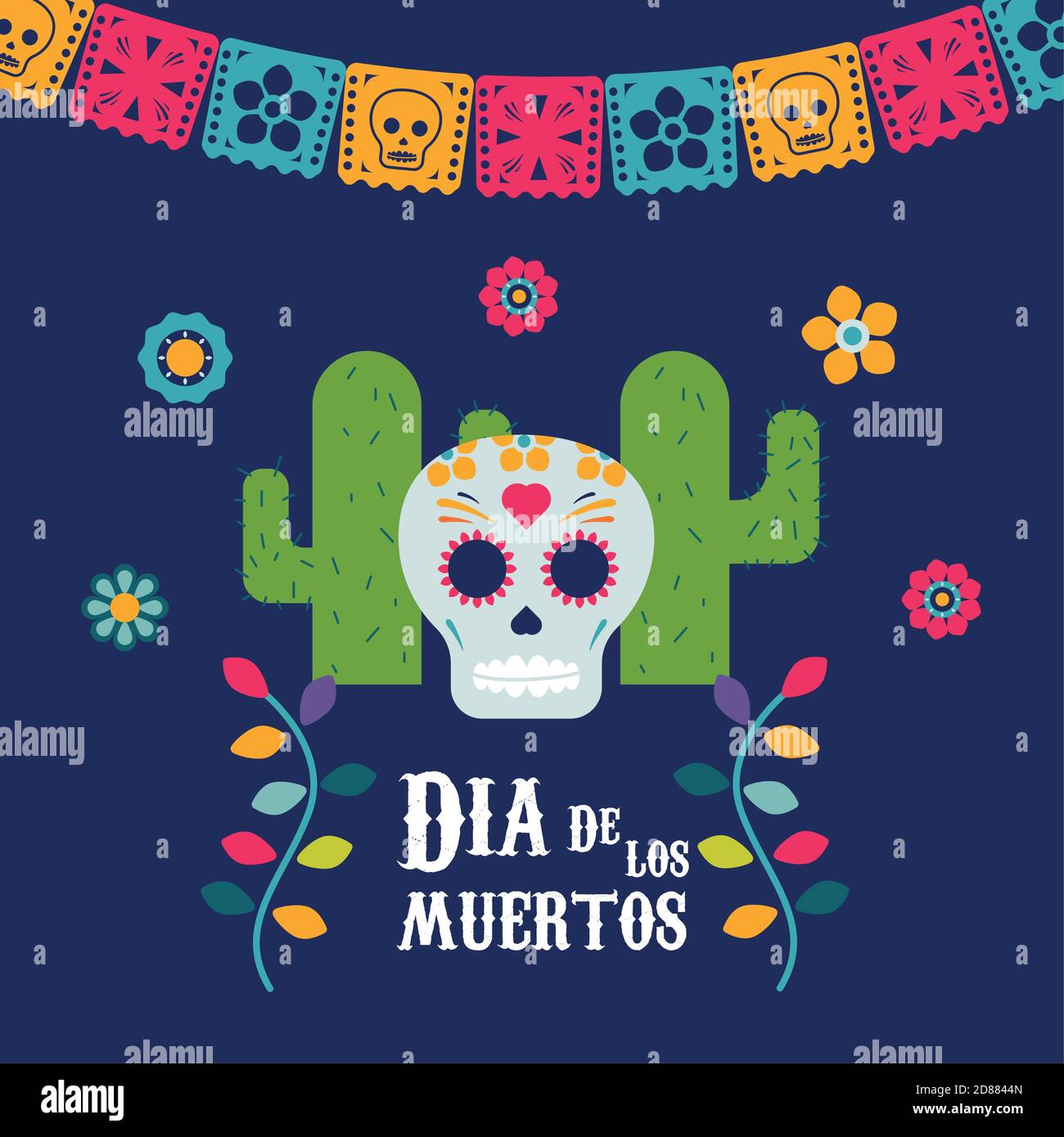 dia de los muertos poster with head skull and cactus vector ...