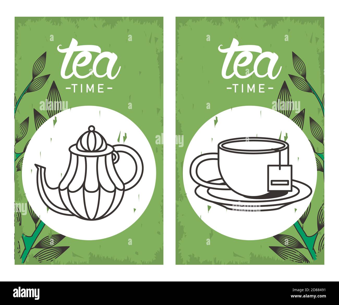 tea time lettering poster with teapot and cup in square frames vector ...