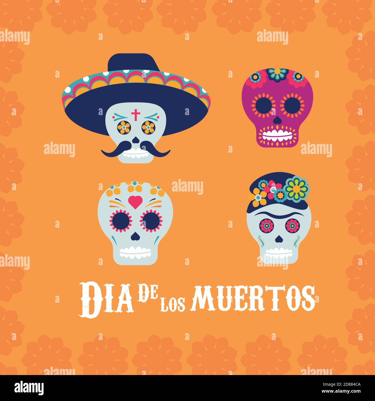 dia de los muertos poster with set skulls heads vector illustration ...