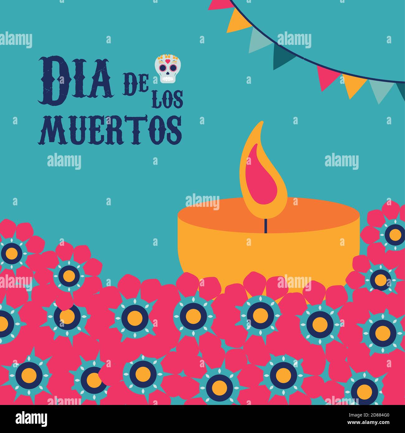dia de los muertos poster with candle and flowers vector illustration ...
