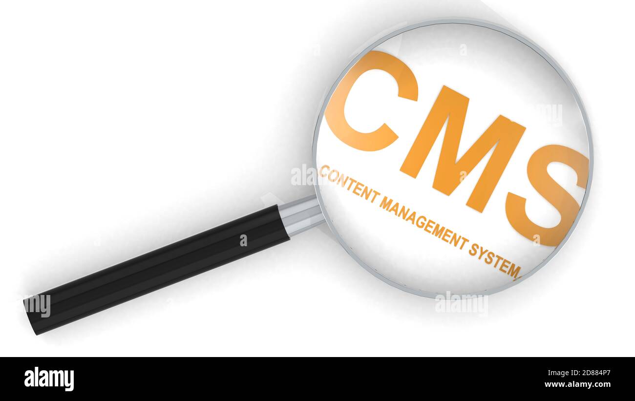 CMS. Content Management System, word under magnifying glass, 3d ...