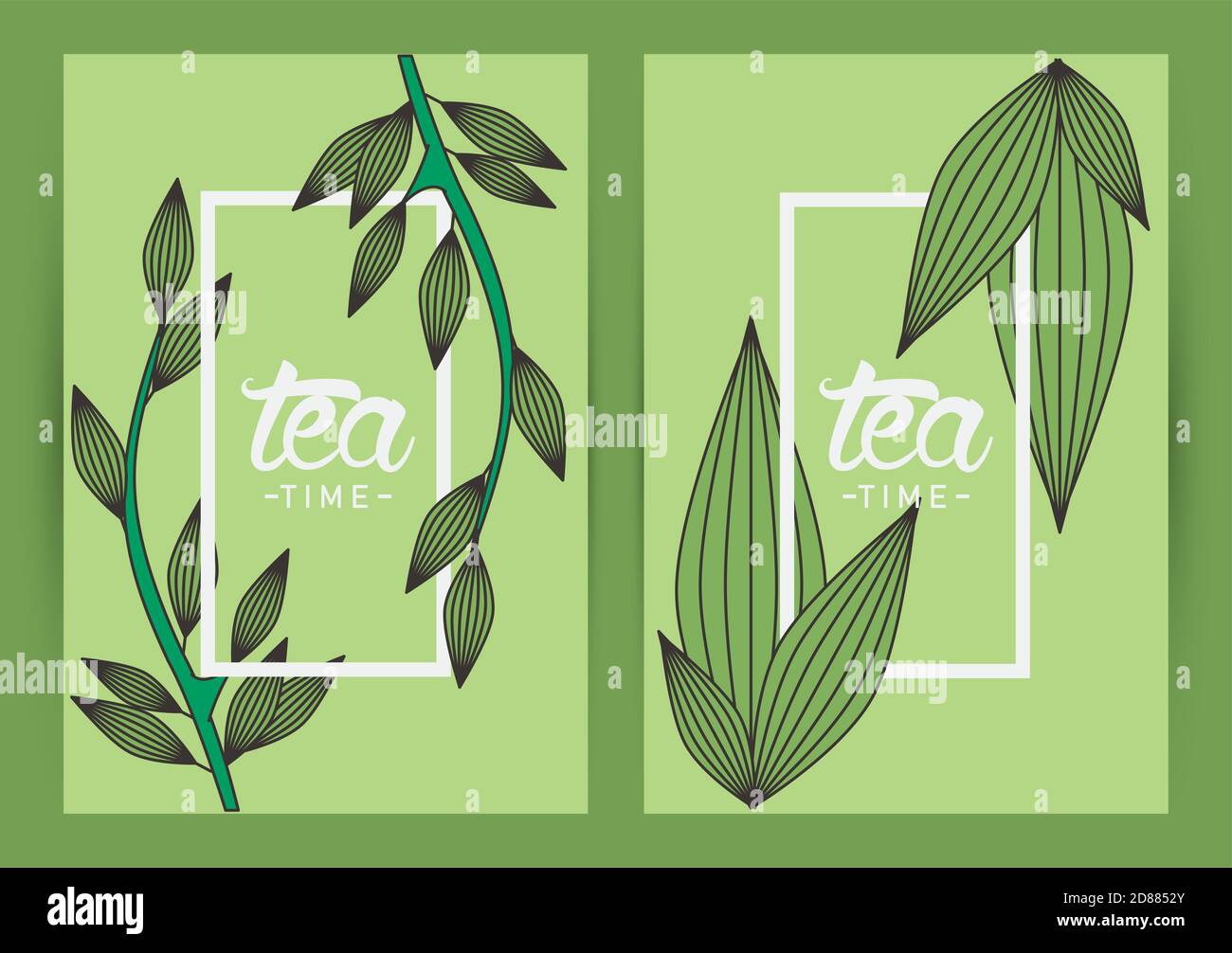 tea time lettering poster with leafs frames vector illustration design ...