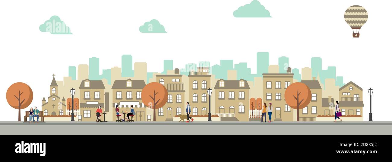 Modern city / town street flat vector illustration (People in daily ...
