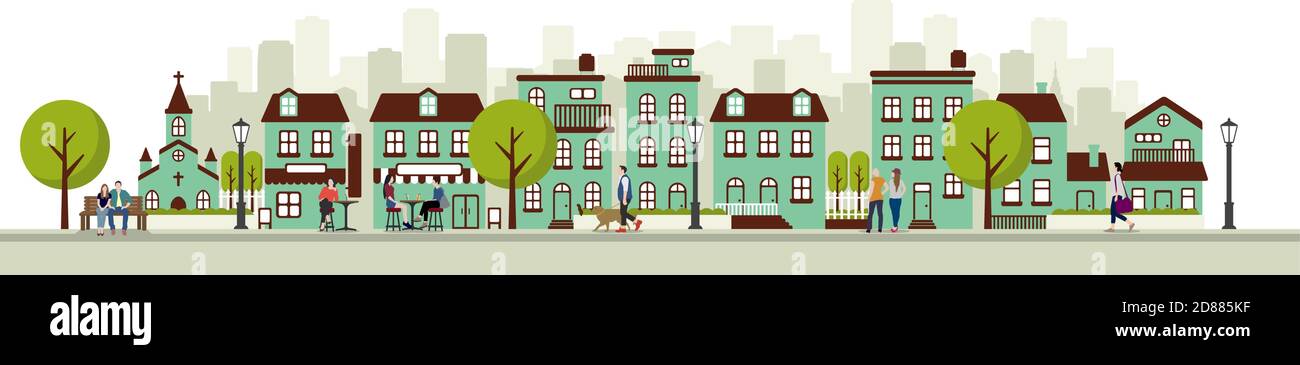 Modern city / town street flat vector illustration (People in daily ...