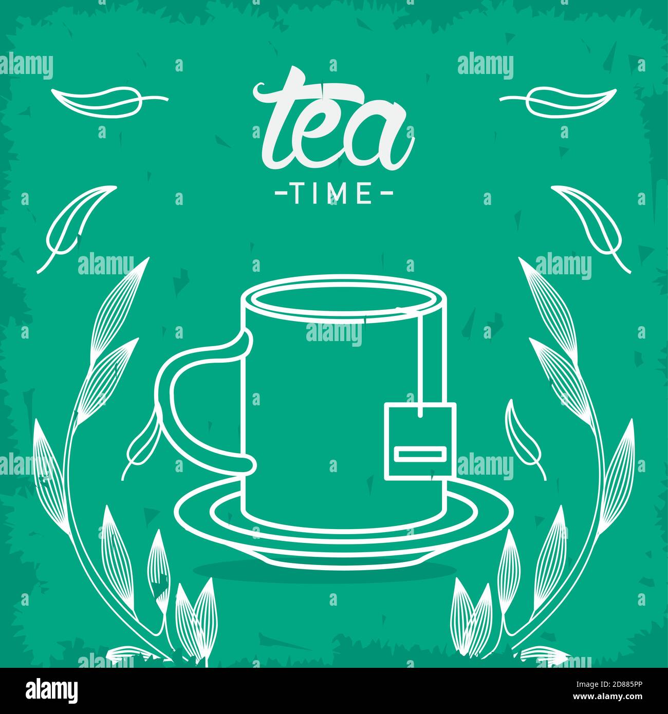 tea time lettering poster with teacup and leafs vector illustration ...