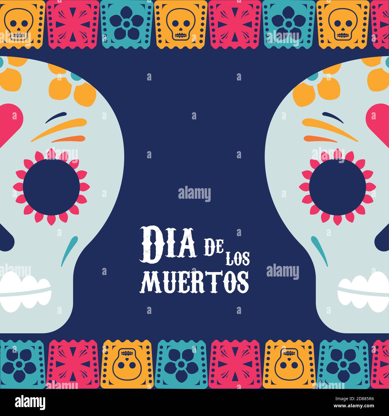 dia de los muertos poster with skulls and garlands frame vector ...