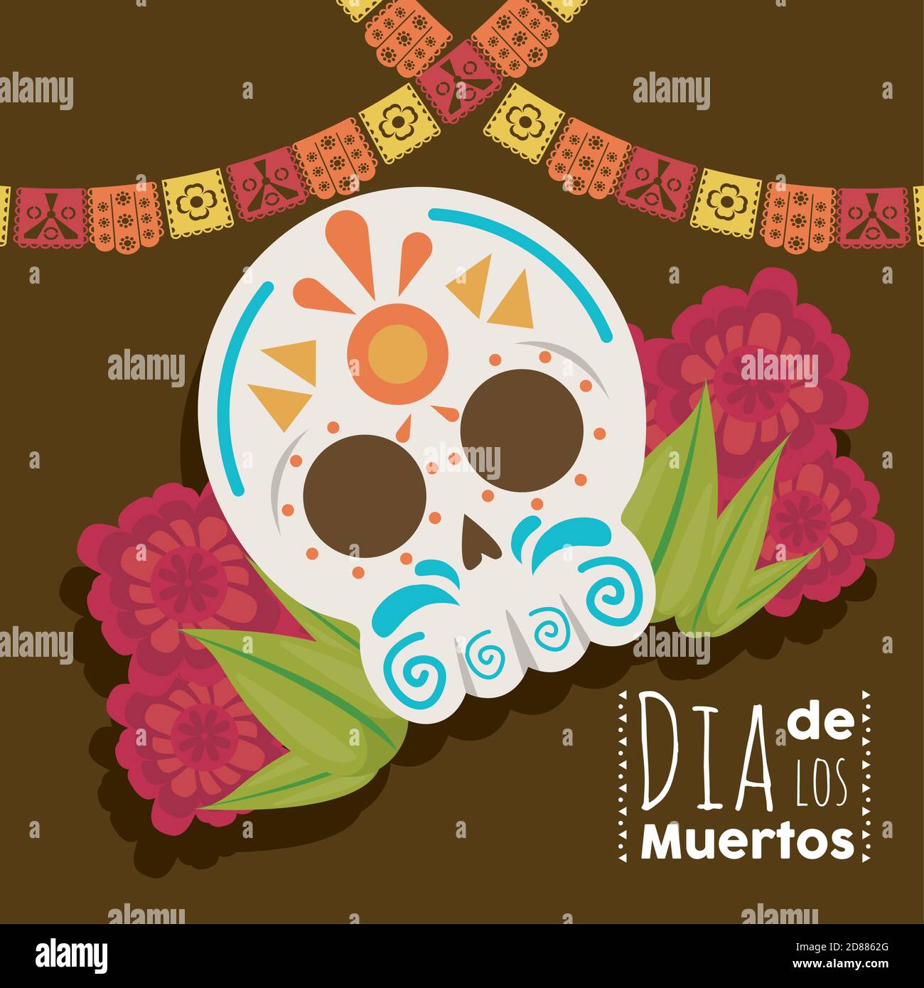 dia de los muertos poster with skull head and flowers vector ...