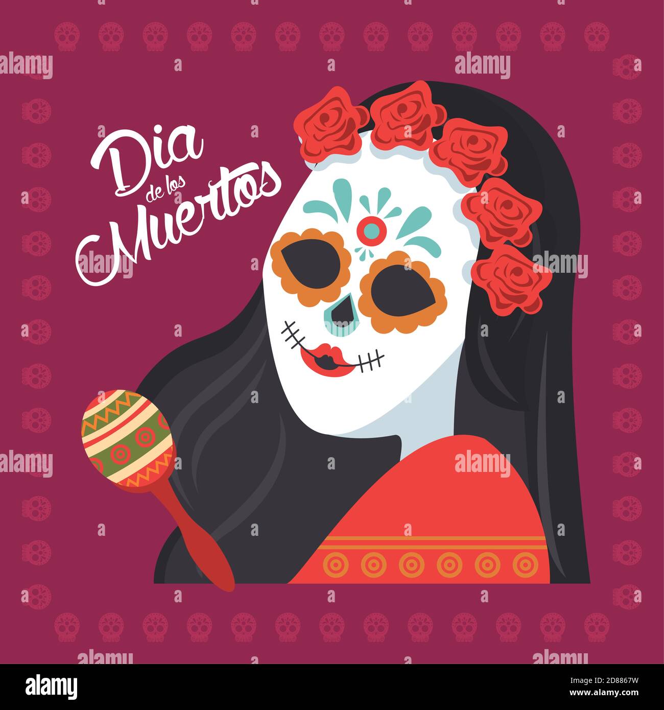 dia de los muertos poster with katrina skull and maraca vector ...