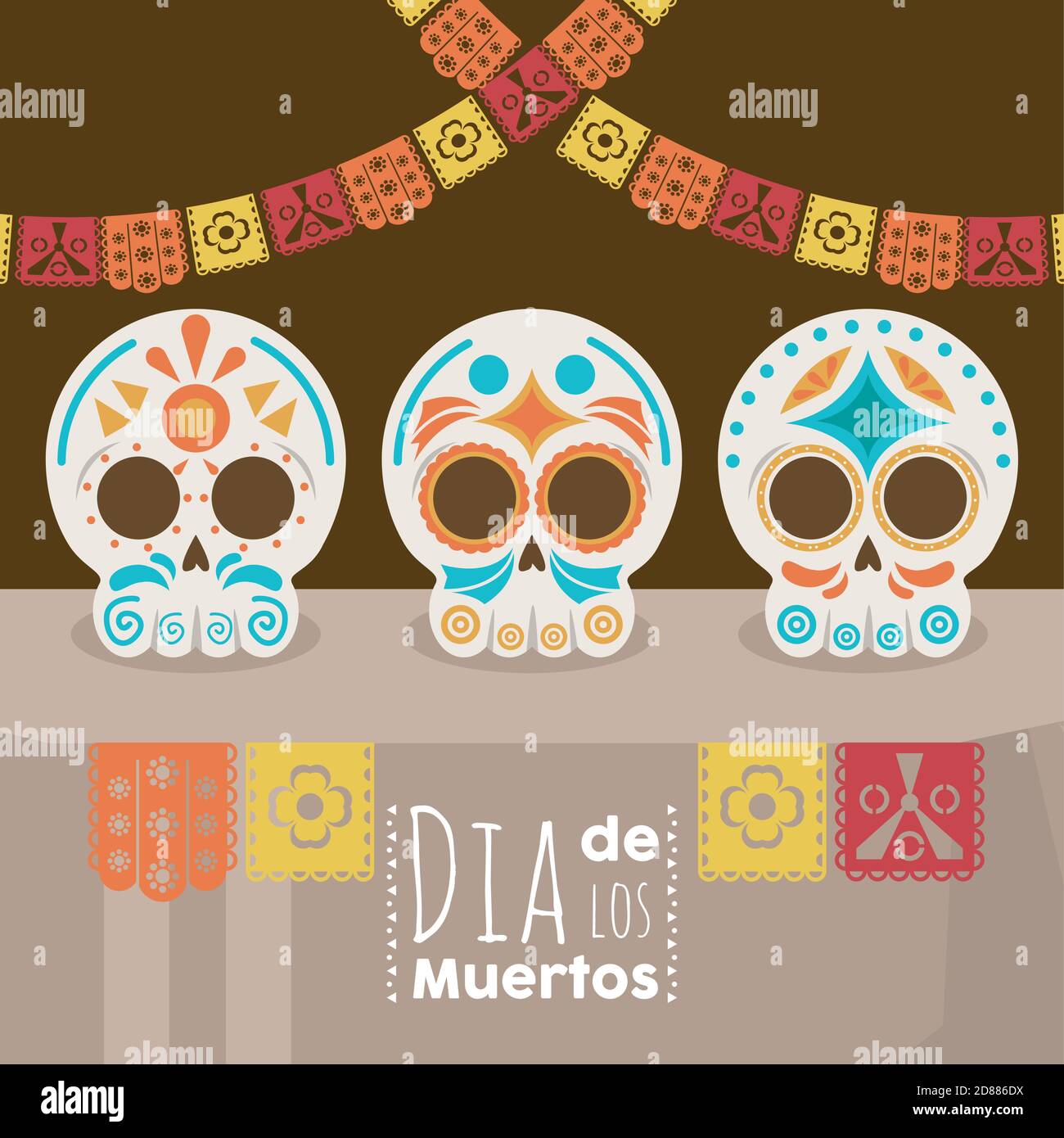 dia de los muertos poster with heads skulls and garlands vector ...