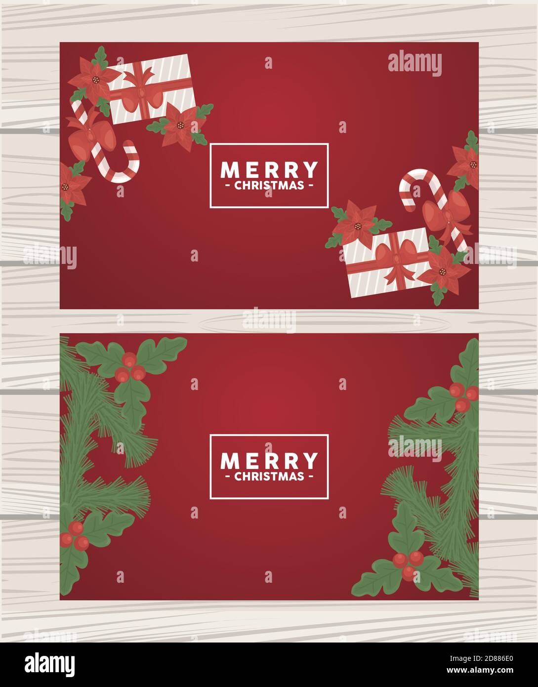merry christmas lettering in square frames with gifts and leafs vector ...