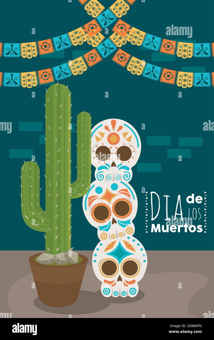 dia de los muertos poster with heads skulls and cactus vector ...
