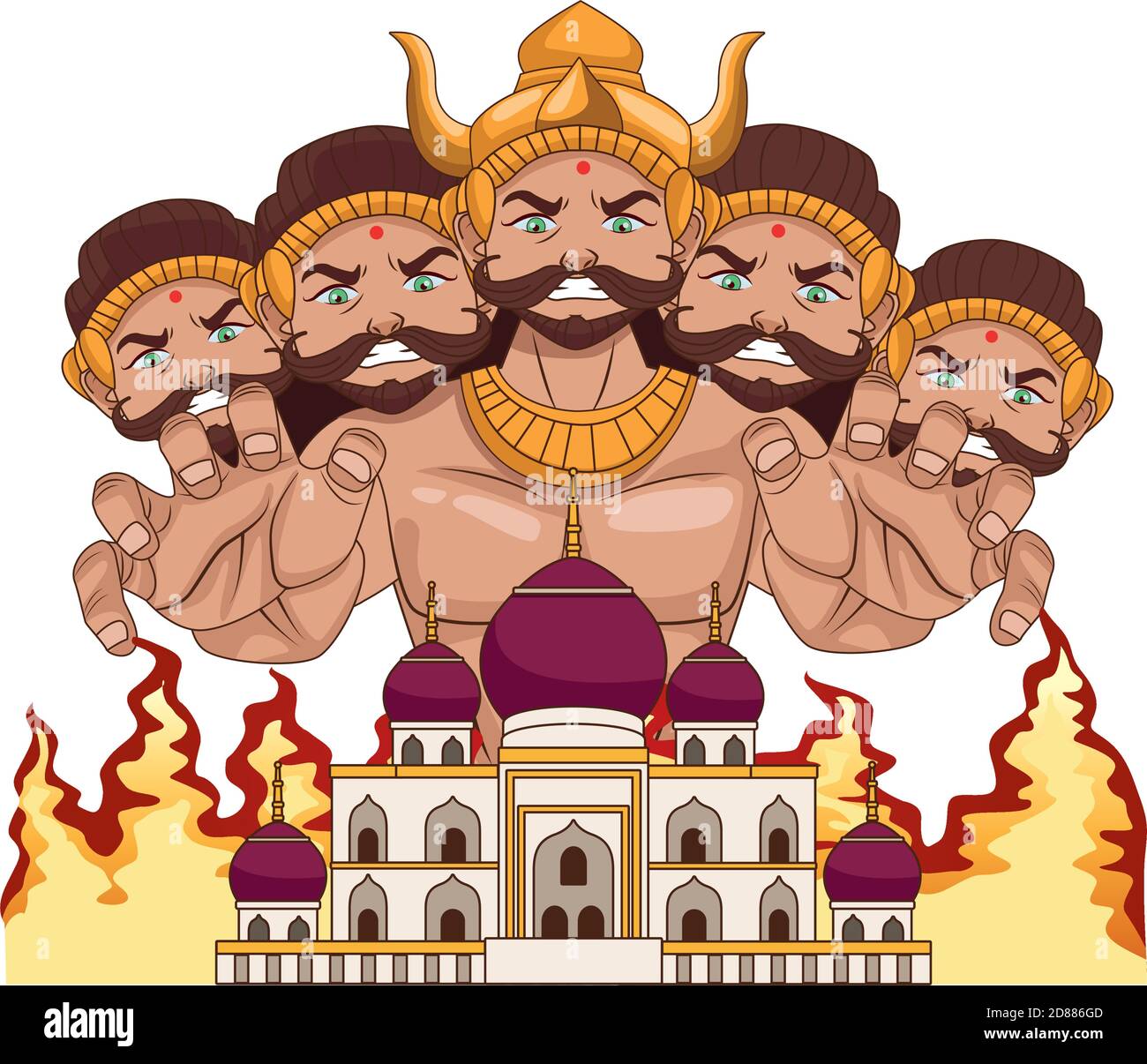 ravana with ten heads hindu warrior and mosque building vector ...