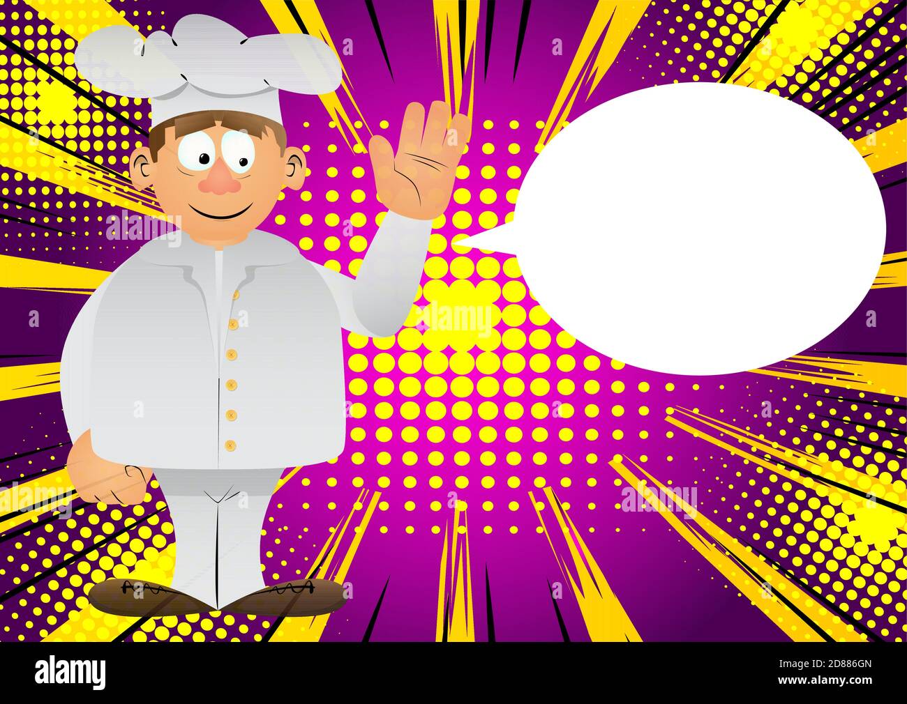 Fat male cartoon chef in uniform with waving hand. Vector illustration ...
