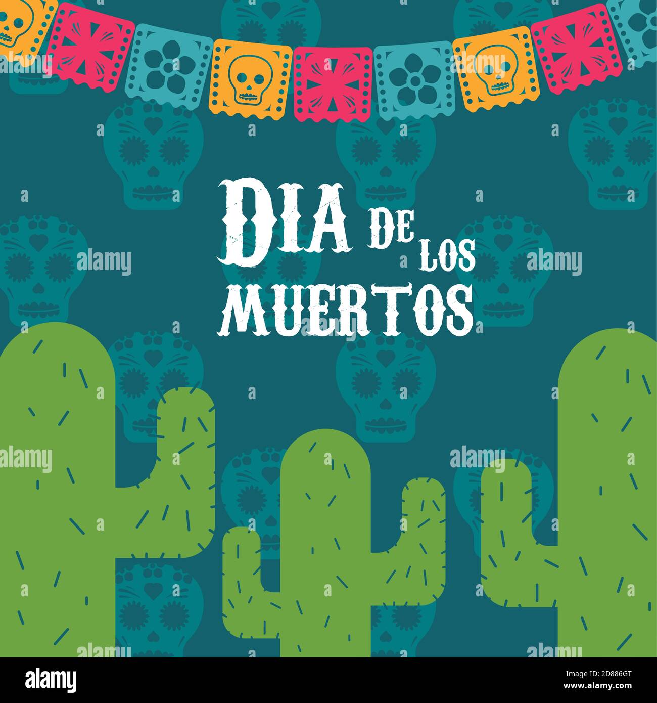 dia de los muertos poster with cactus and garlands hanging vector ...