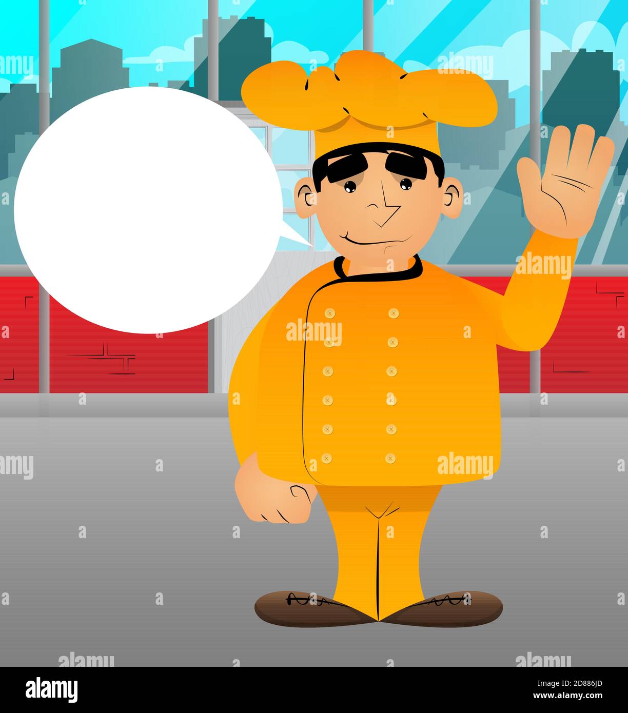 Fat male cartoon chef in uniform with waving hand. Vector illustration ...
