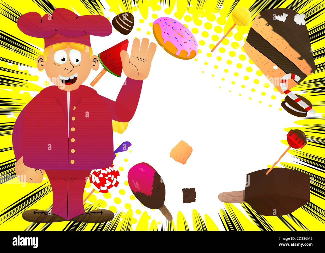 Fat male cartoon chef in uniform with waving hand. Vector illustration ...