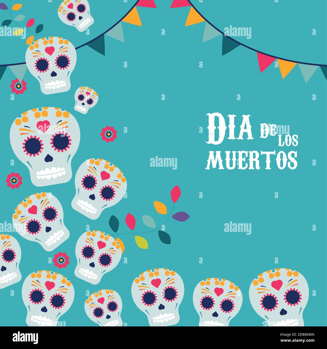 dia de los muertos poster with skulls and garlands vector illustration ...