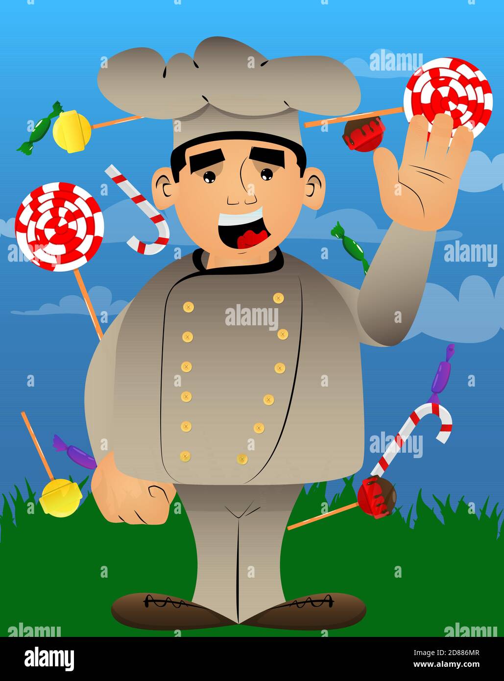 Fat male cartoon chef in uniform with waving hand. Vector illustration ...