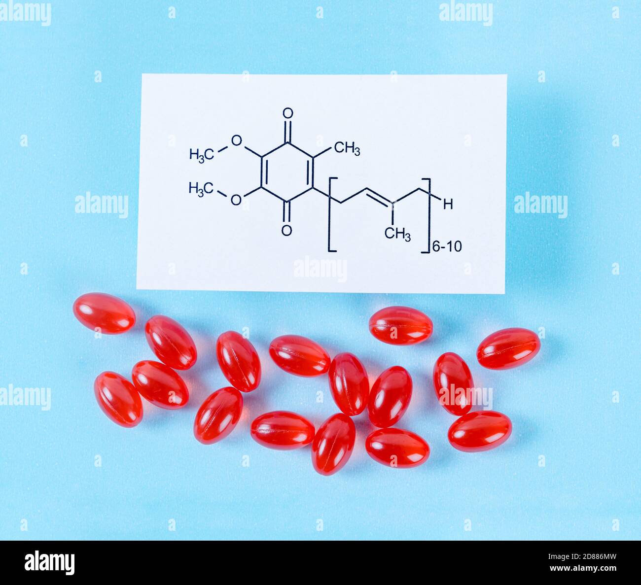 Vitamin Coenzyme Q10 with chemical formula on a blue background. To ...