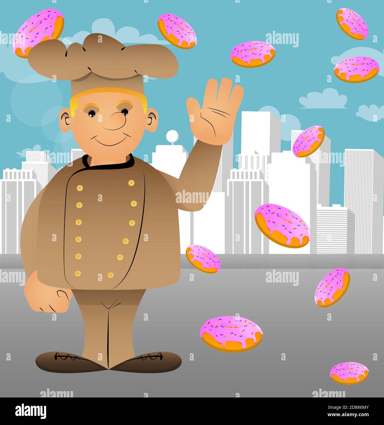 Fat male cartoon chef in uniform with waving hand. Vector illustration ...