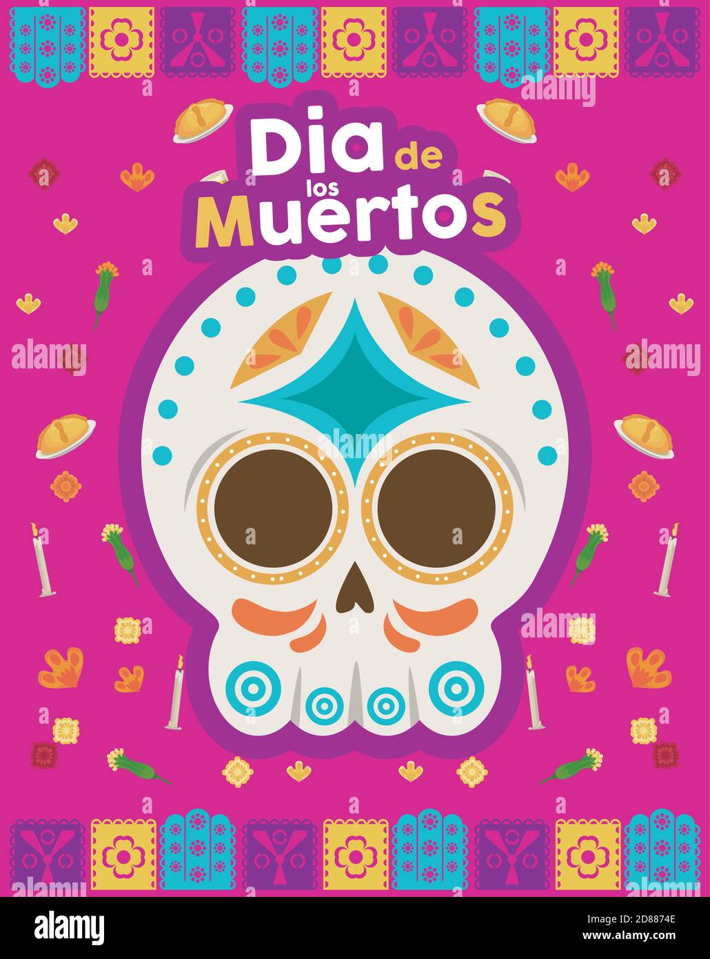 dia de los muertos poster with skull head and garlands frame vector ...