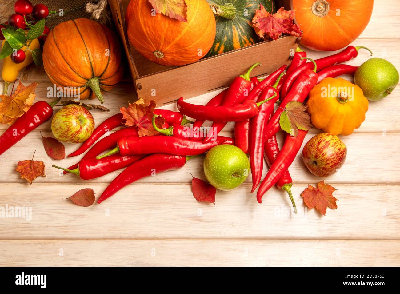 Red hot chili peppers and fall vegetables pumpkins, green apples ...
