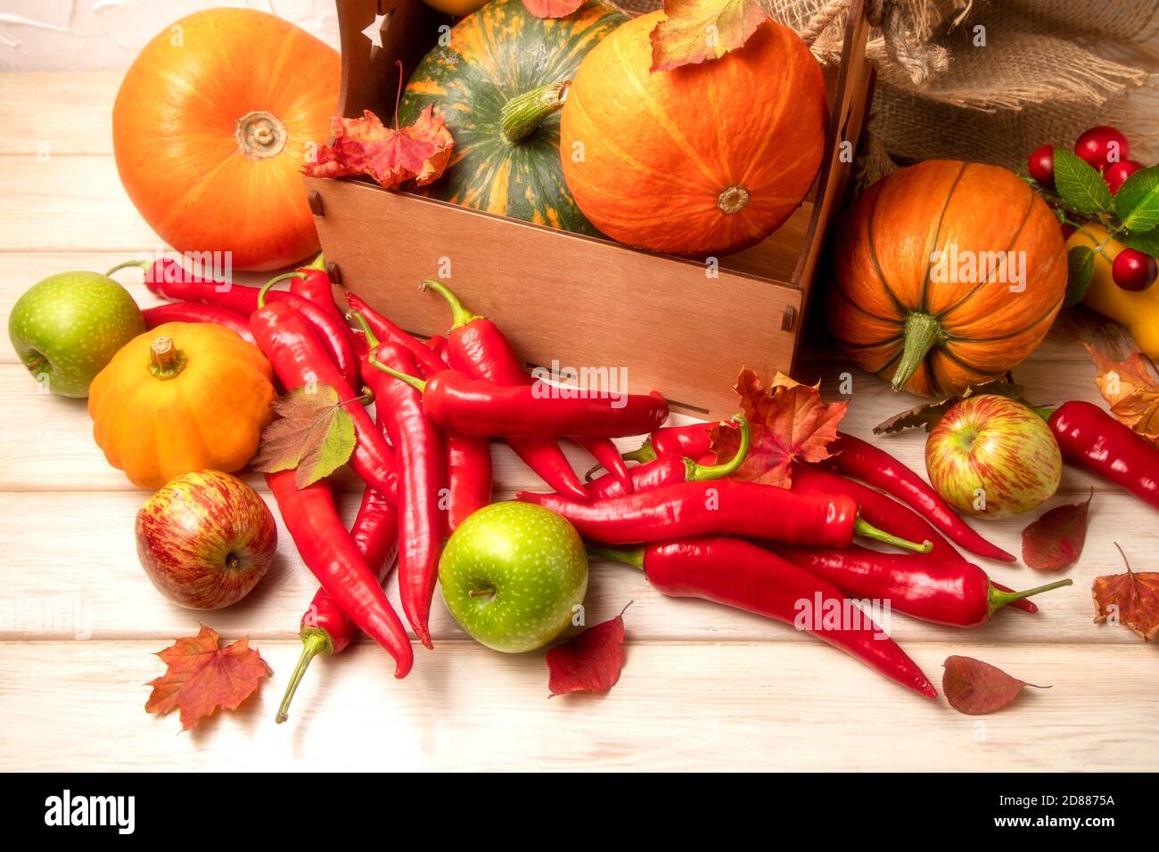 Fall arrangement with burlap, rustic box, pumpkins, squash, red hot ...
