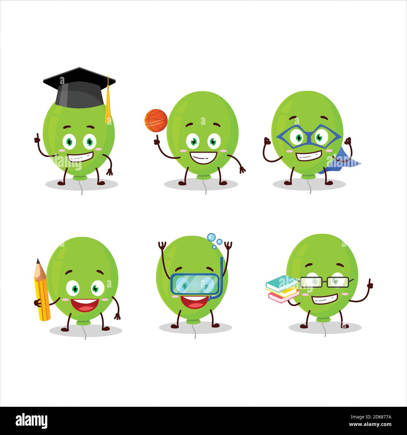 School student of green balloon cartoon character with various ...
