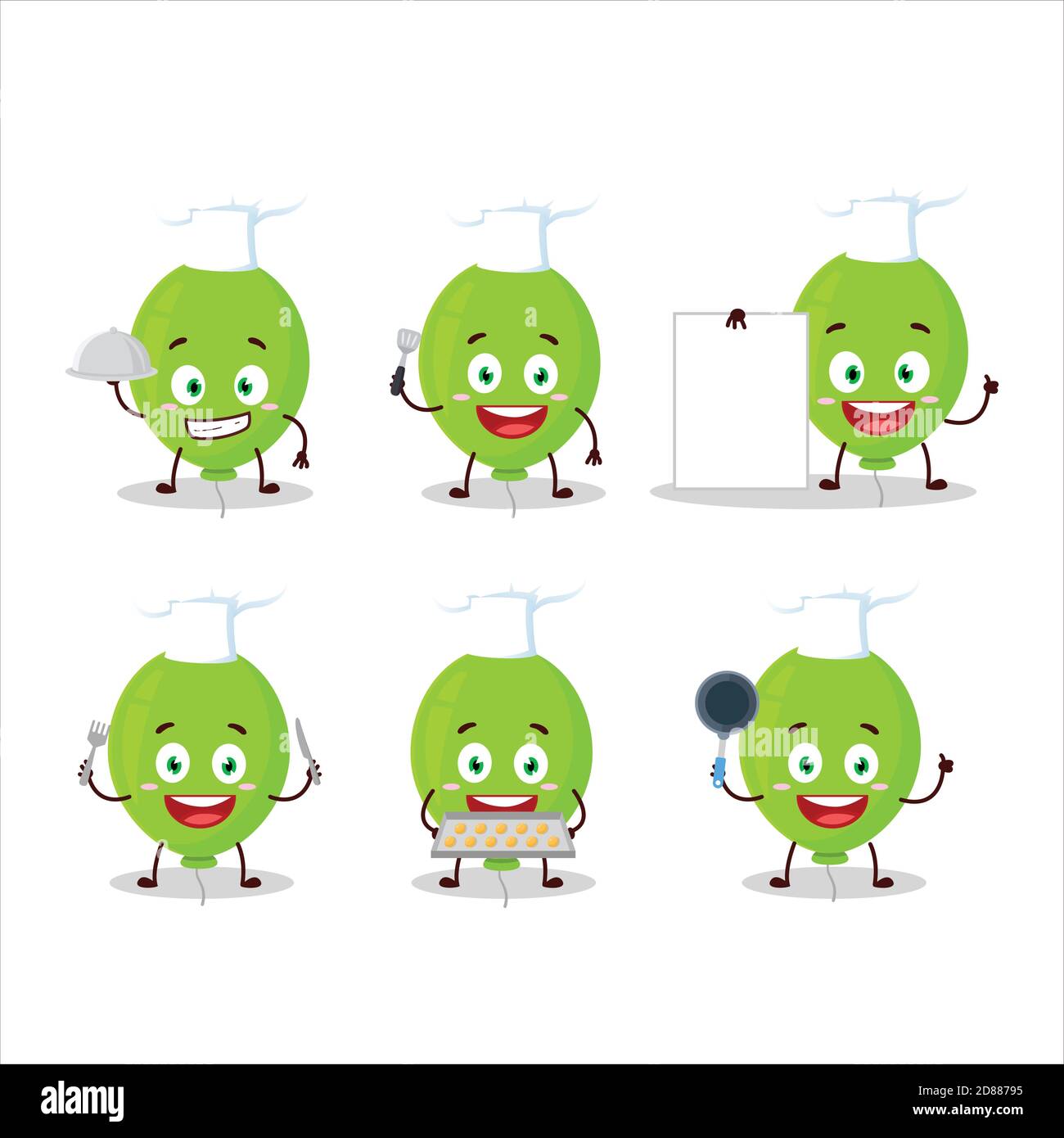 Cartoon character of green balloon with various chef emoticons Stock ...
