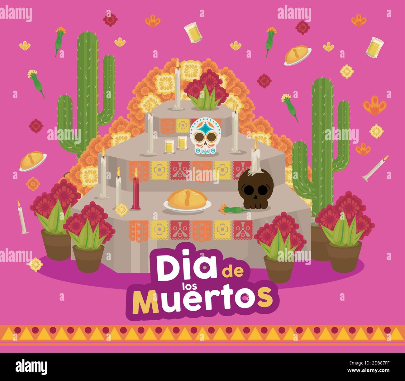 dia de los muertos poster with prayer altar and cactus vector ...