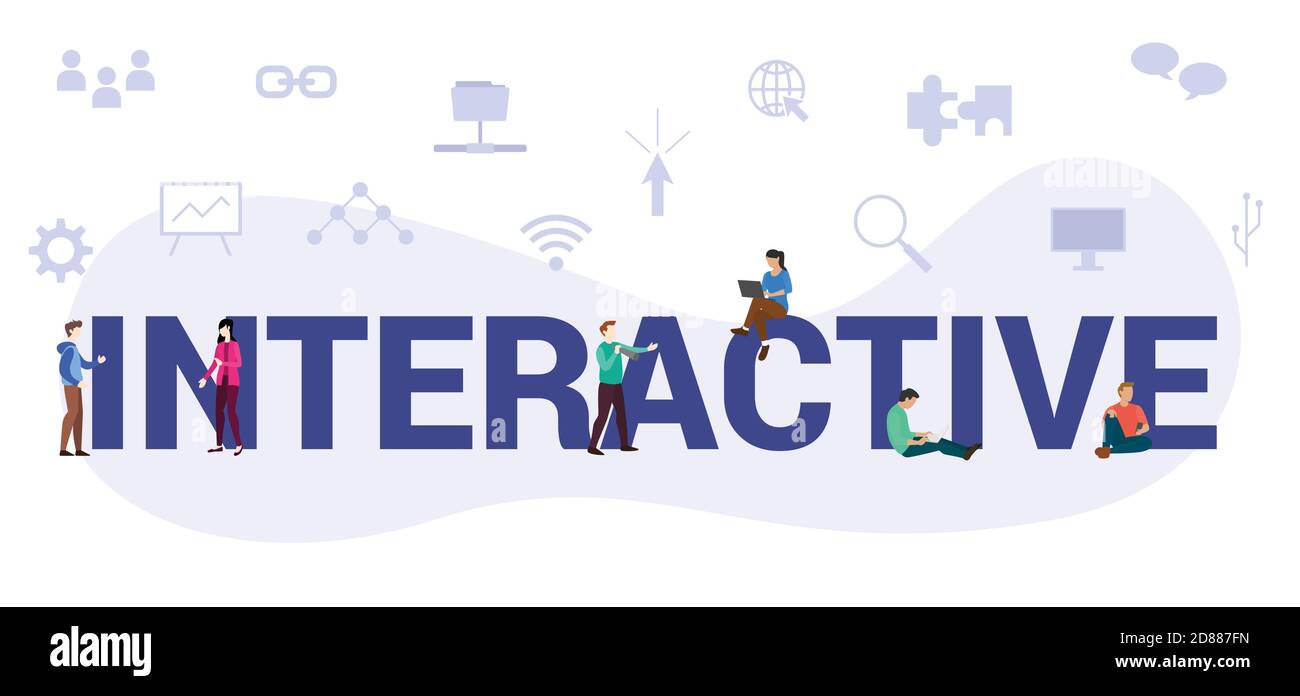 interactive concept with modern big text or word and people with icon ...