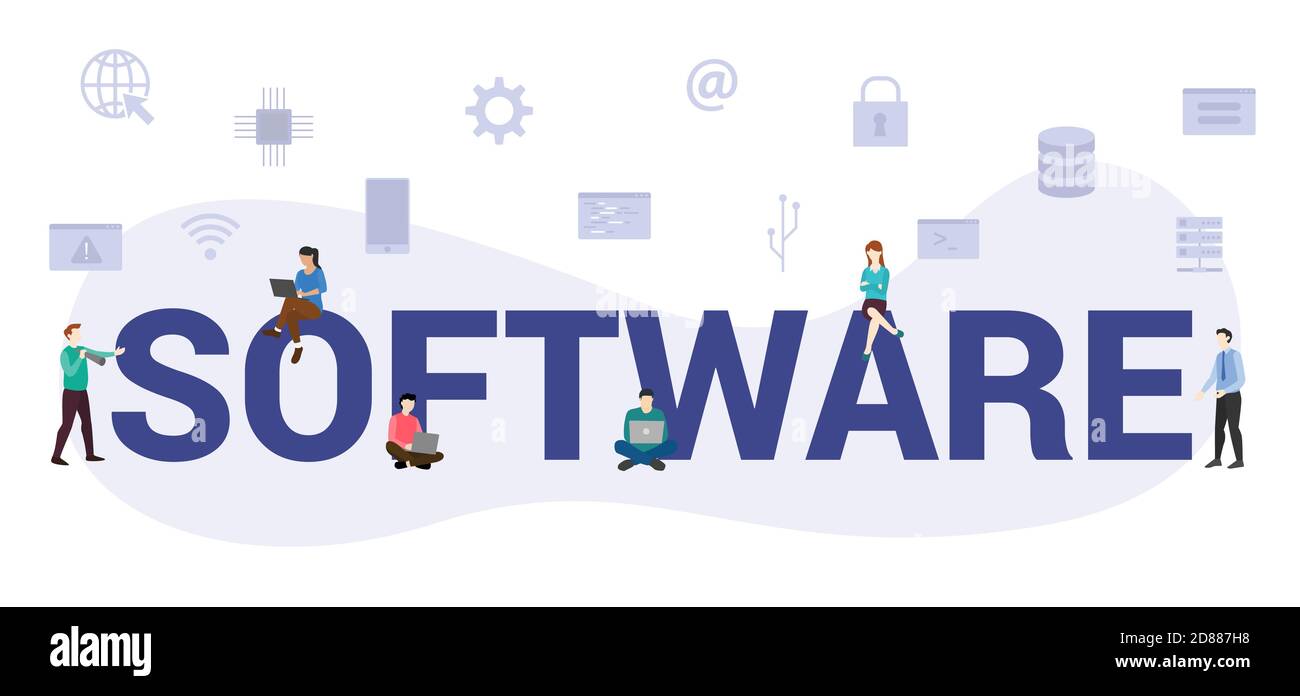 software concept with modern big text or word and people with icon ...