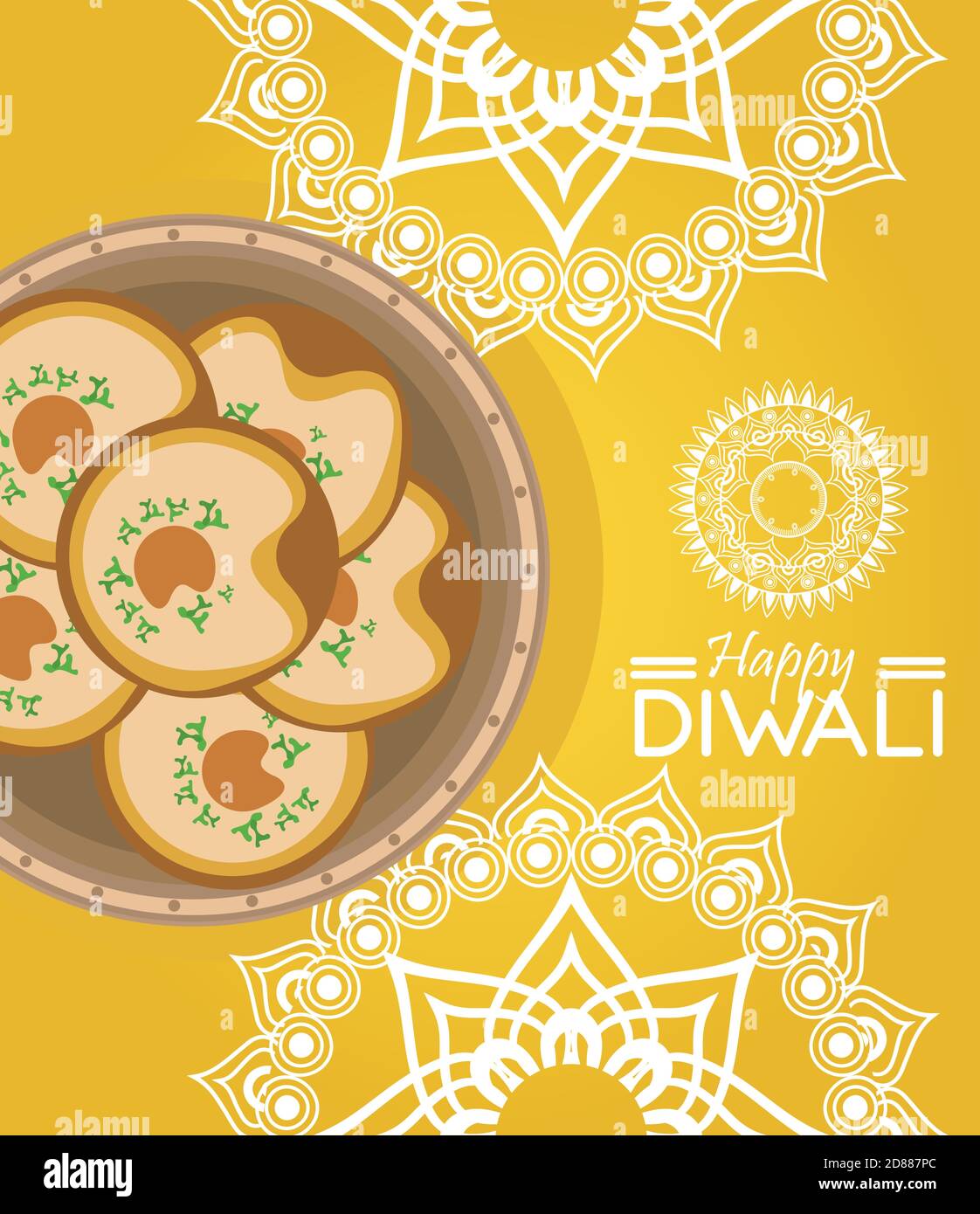 happy diwali celebration with dish food and mandalas in yellow ...