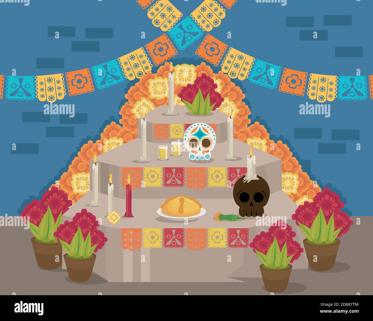 dia de los muertos poster with prayer altar and garlands vector ...