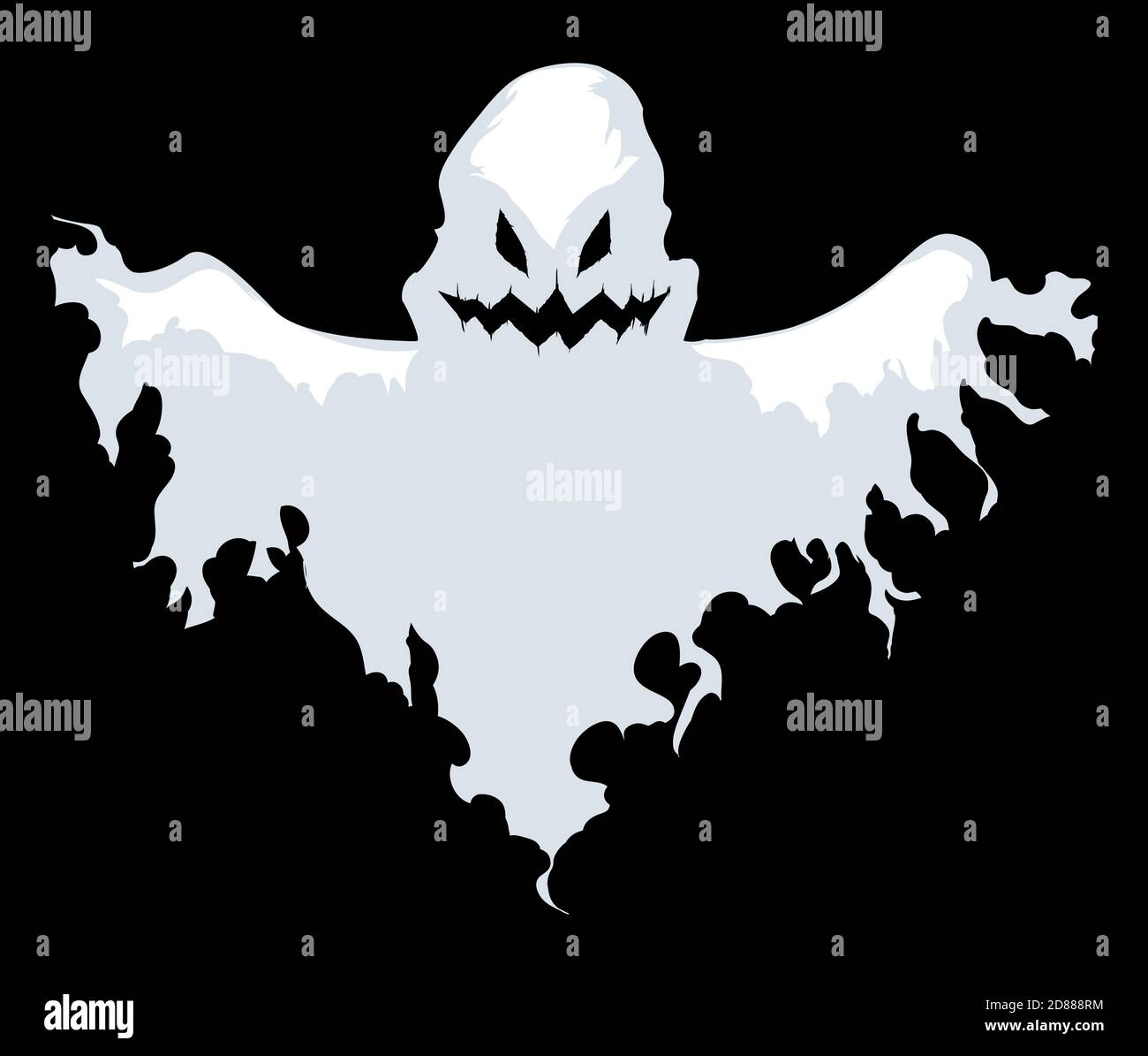Flying ghost with spooky smiling face with open arms and ripped clothes ...