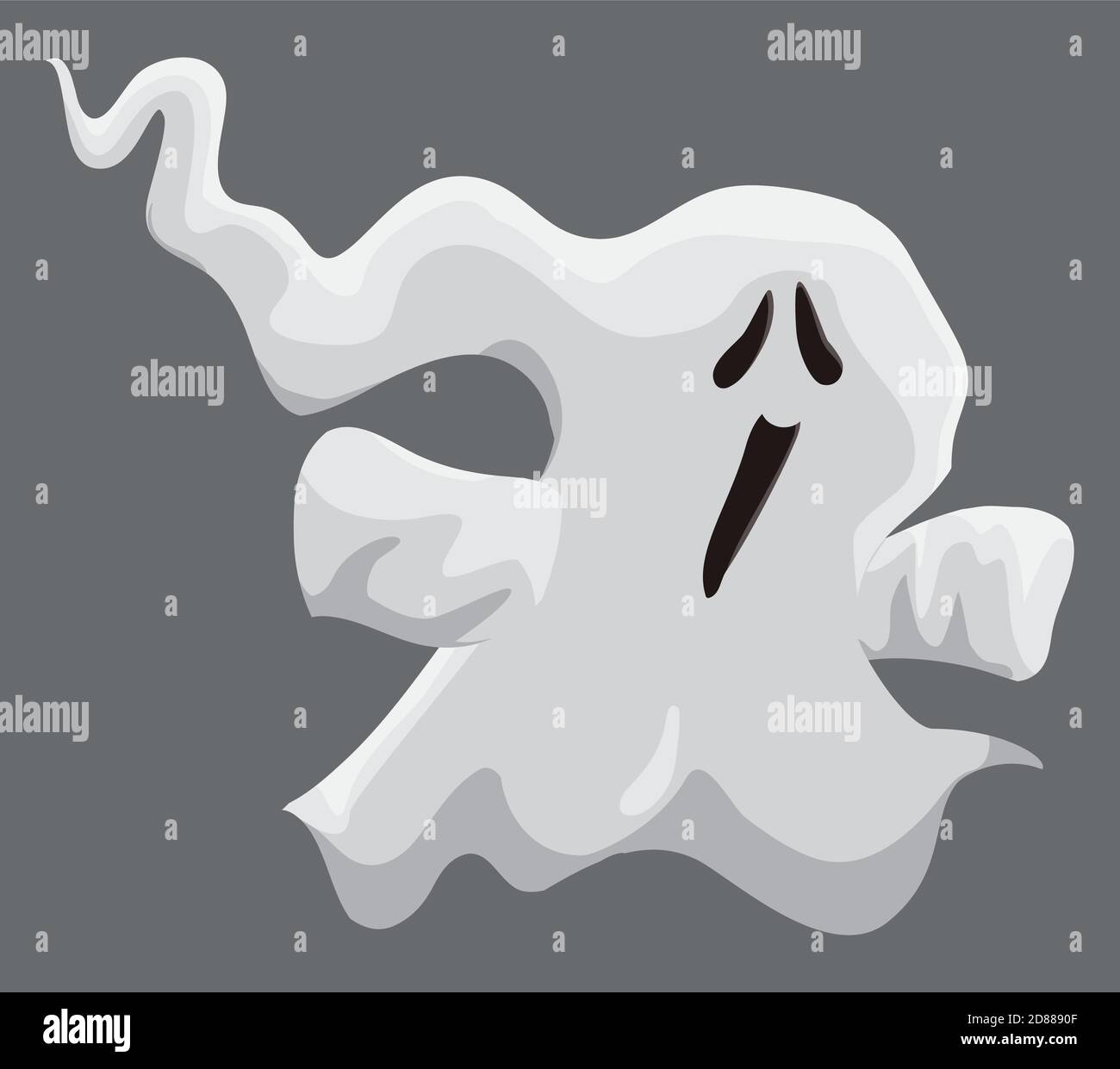 Little ghost wearing a long white sheet, isolated over gray background ...