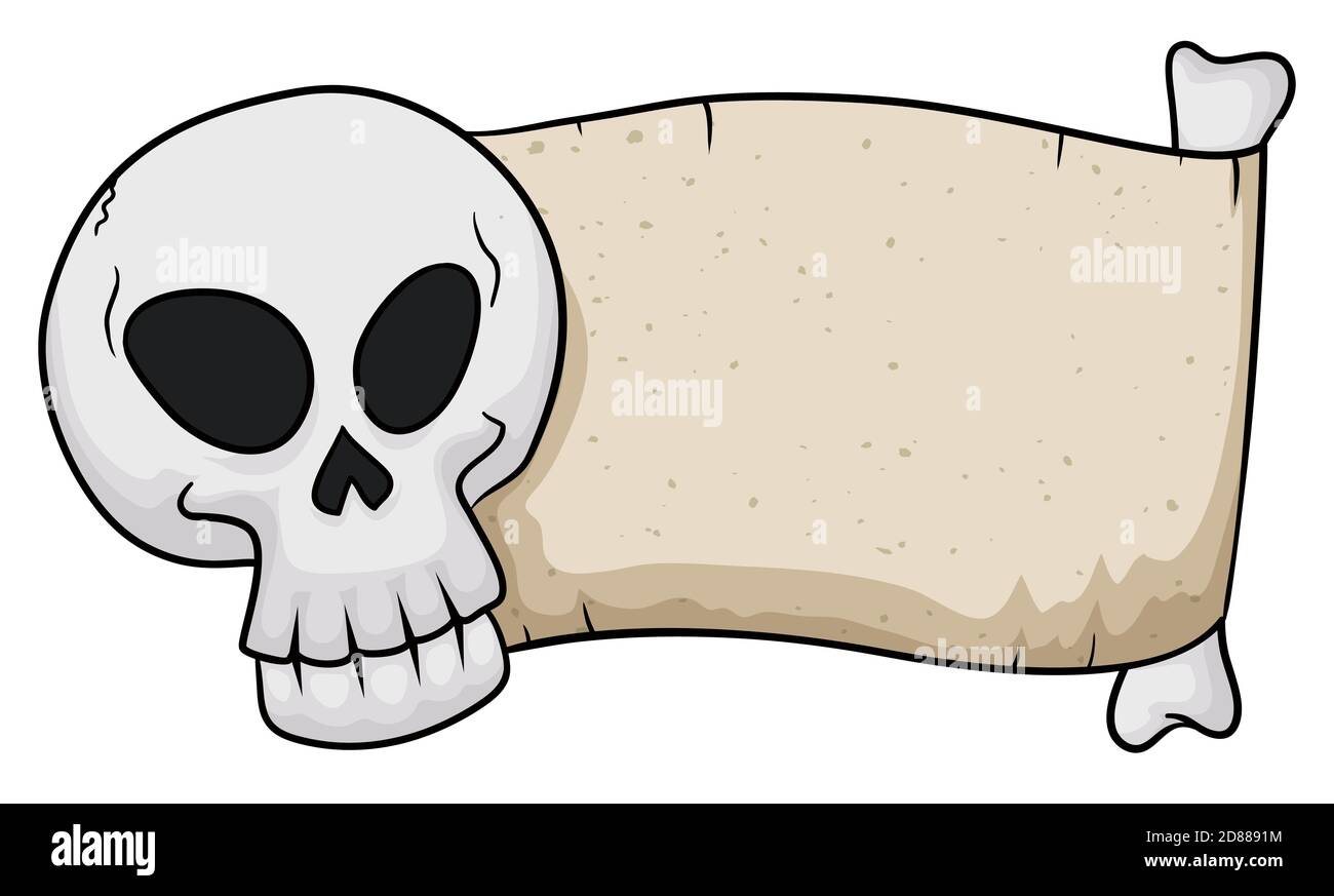 Skull with ancient scroll with blank space and bone in cartoon style ...