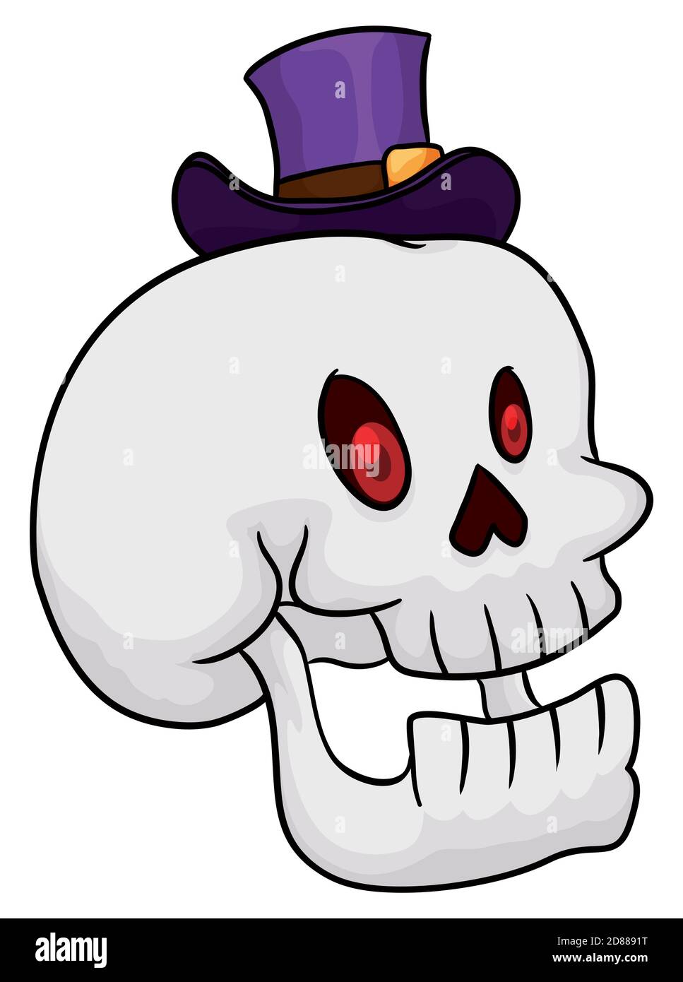 Isolated skull with red eyes and big smile, wearing a purple Halloween ...