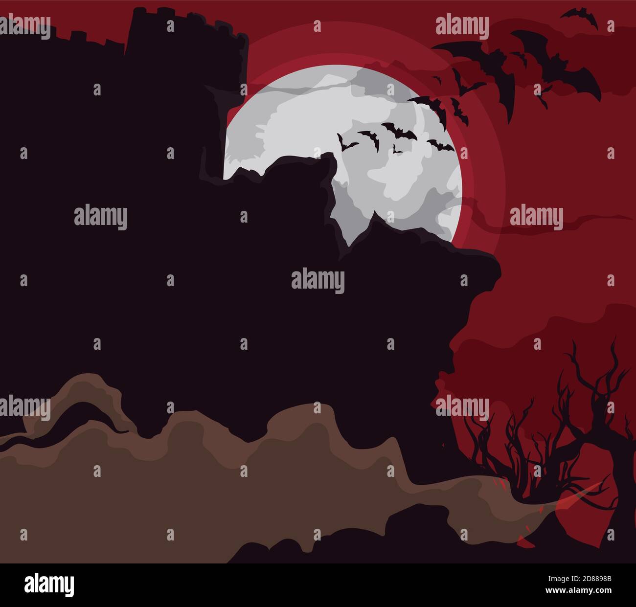 Spooky full Moon night with silhouettes of castle, death forest with ...