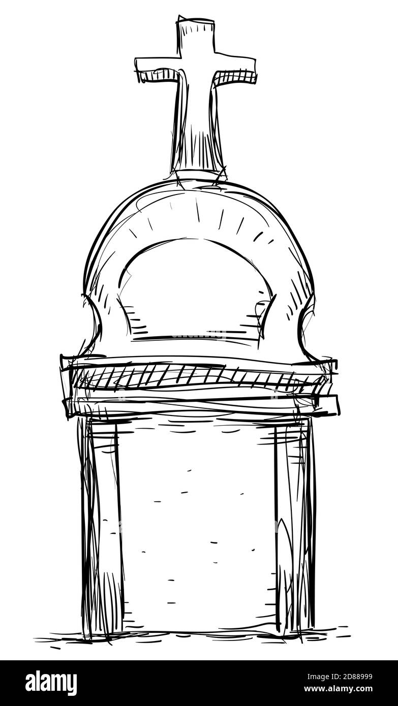 Tombstone with cross and front view in hand drawn style, isolated over ...